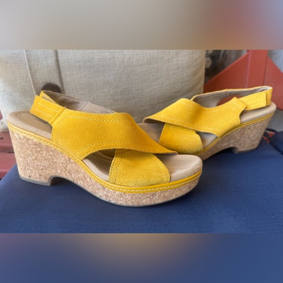 Clarks | Shoes | Clarks Yellow Wedge Sandals With Cork Heel | Poshmark